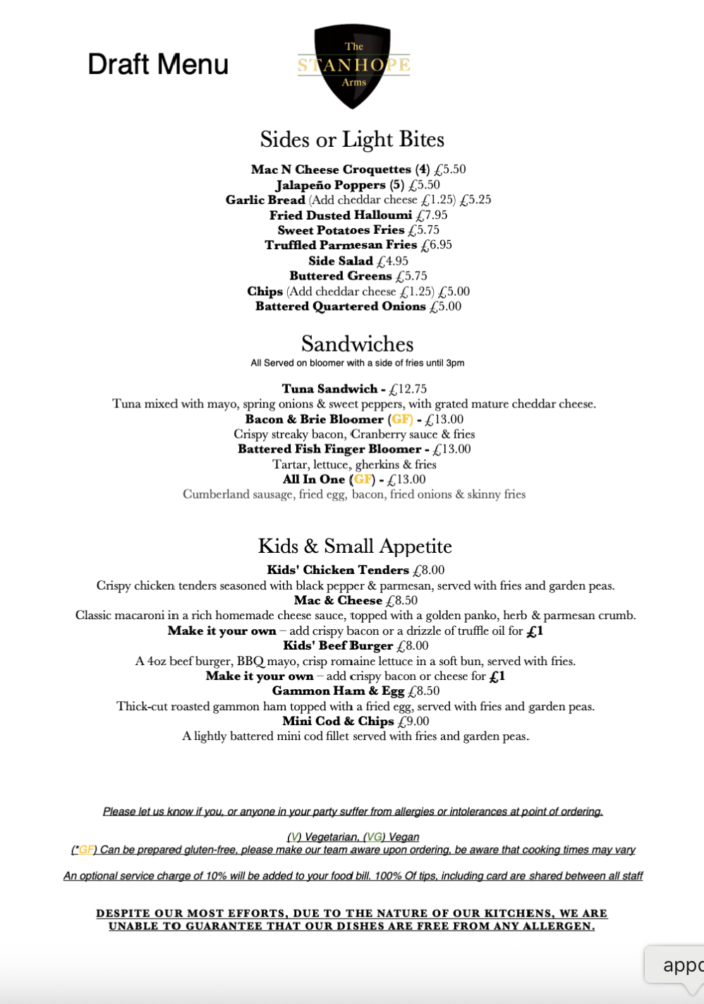 MENU - The Stanhope Arms